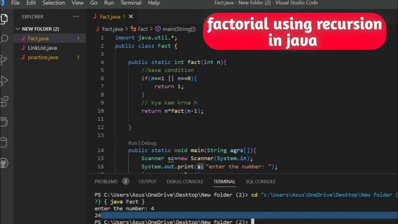 How to calculate factorial in java using recursion| factorial program in vs code | #codetechshivam