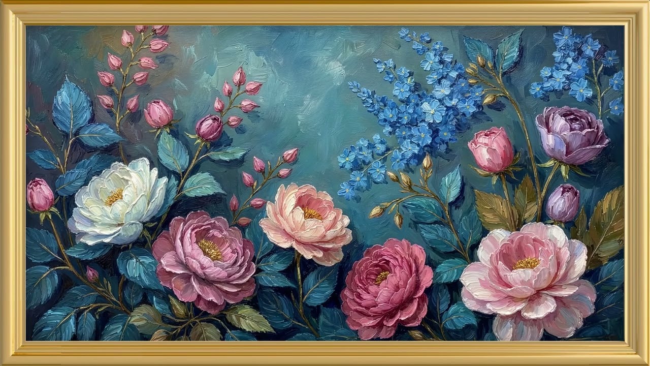 Floral Composition with Roses and Blue Flowers Oil Painting | 4K TV Wallpaper | Free Background