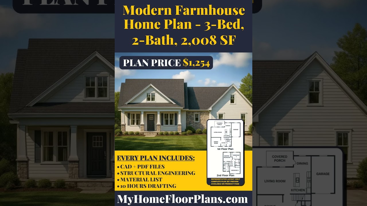 Modern Farmhouse Home Plan   3 Bed, 2 Bath, 2,008 SF
