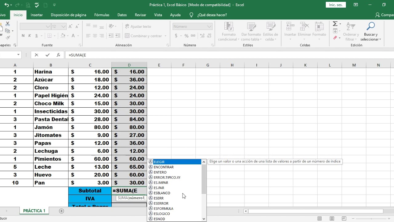 Práctica 1  Excel Básico
