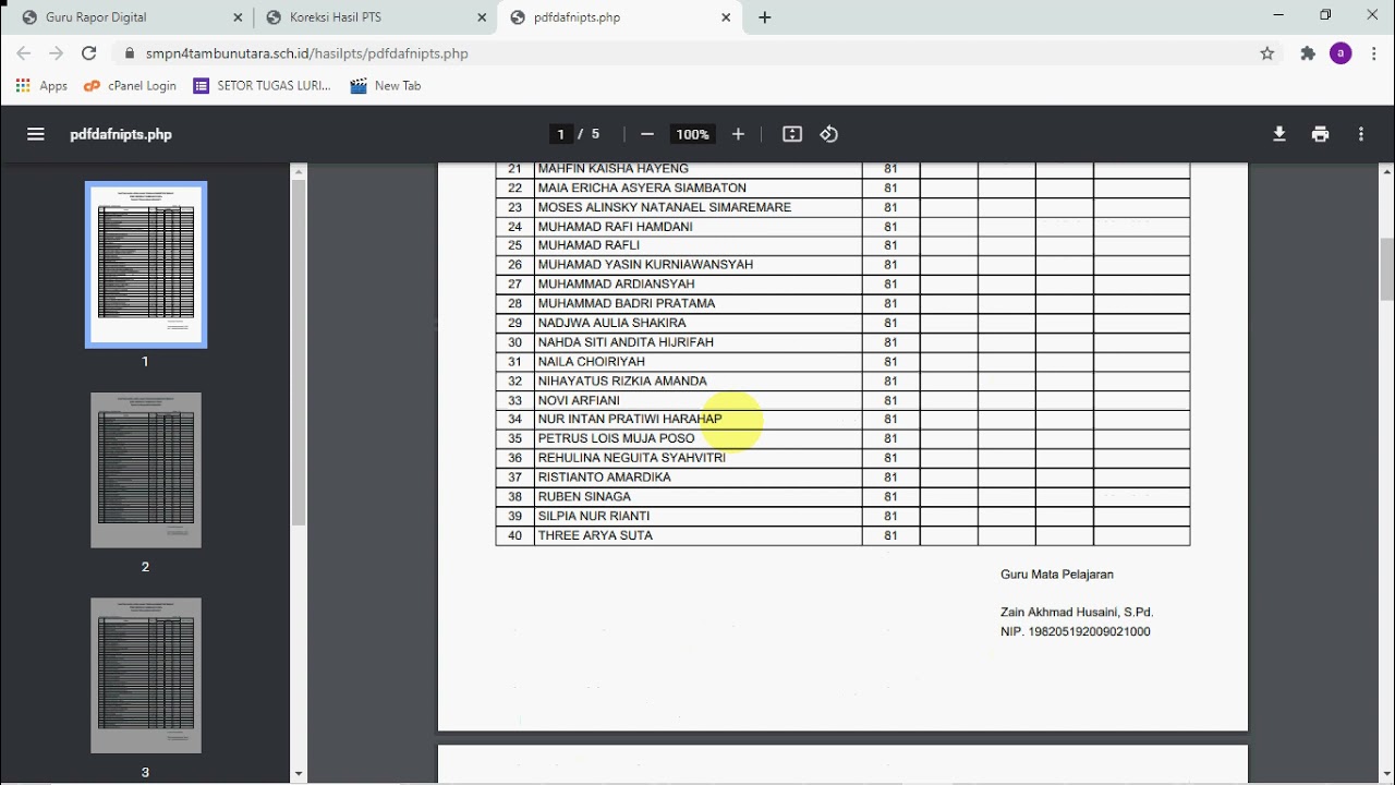 downlod daftar nilai PTS format PDF, tinggal cetak tidak perlu diatur