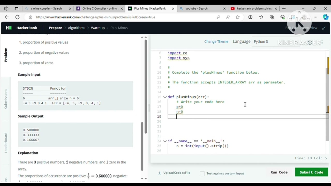 hackerrank problem solving plus minus program using python