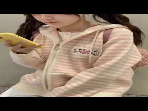 Y2k Aesthetic Cartoon Embroidery Hooded Cardigans Casual Grunge Contrast Color Stripe Tops