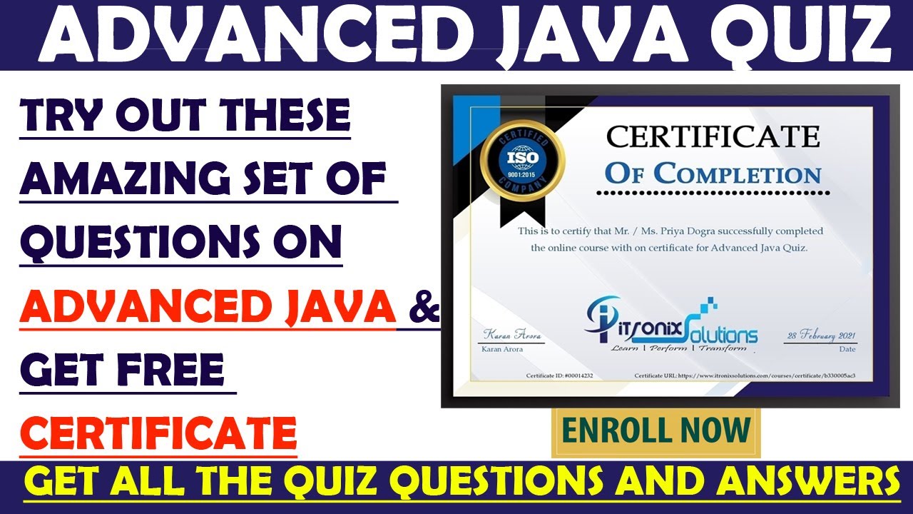 ISO Certified Advance Java Quiz Certification  | Advanced Java Quiz Questions and Answers