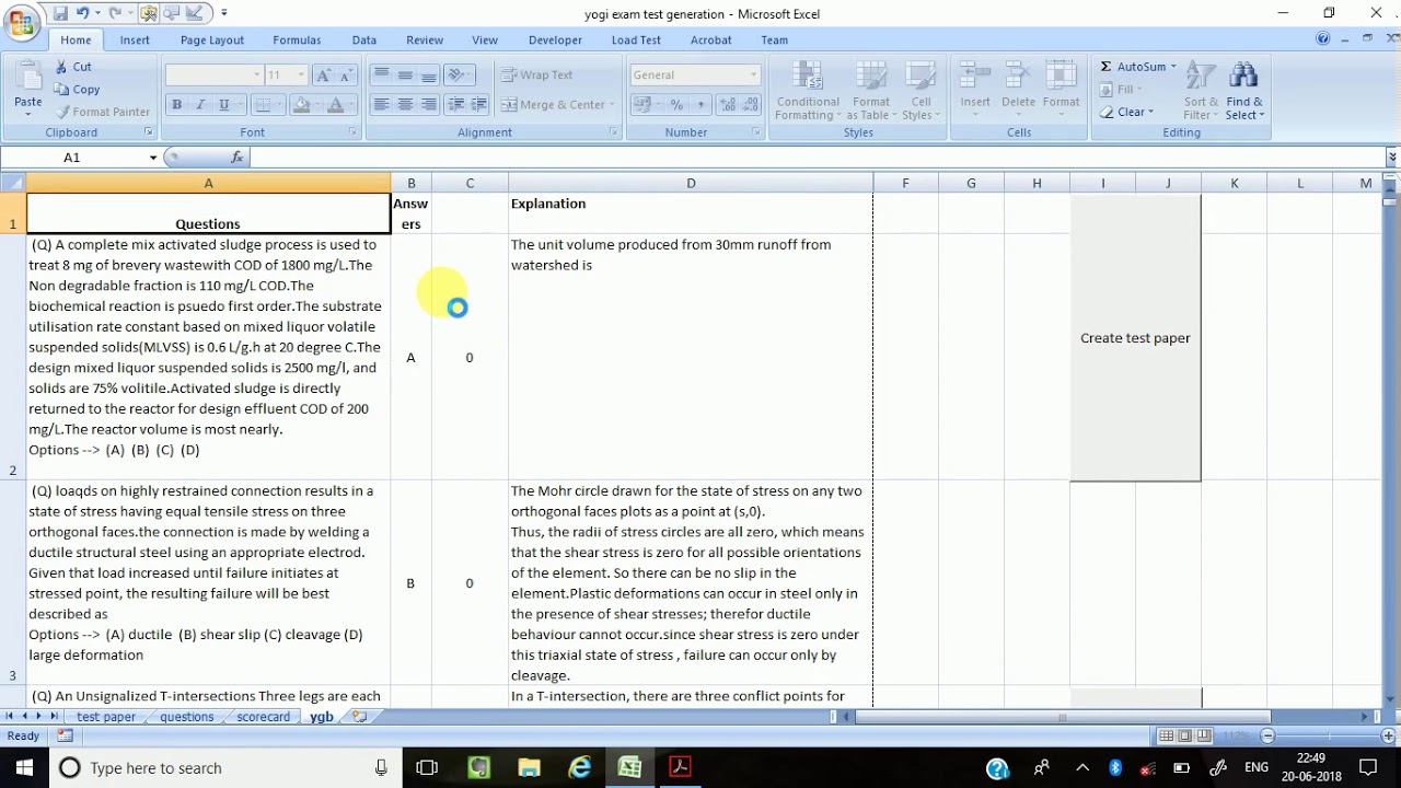 vba excel for test paper generation,checking, report in PDF with explanation