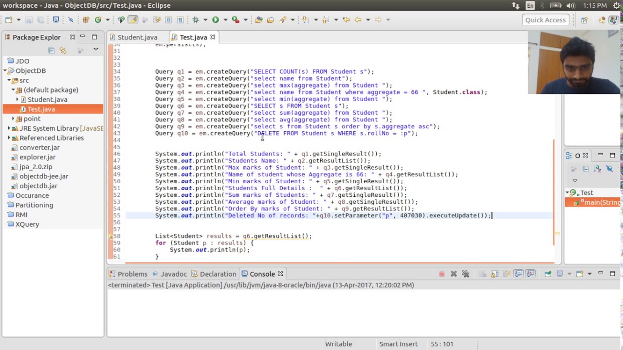 OjectDB Program for Persistent Class