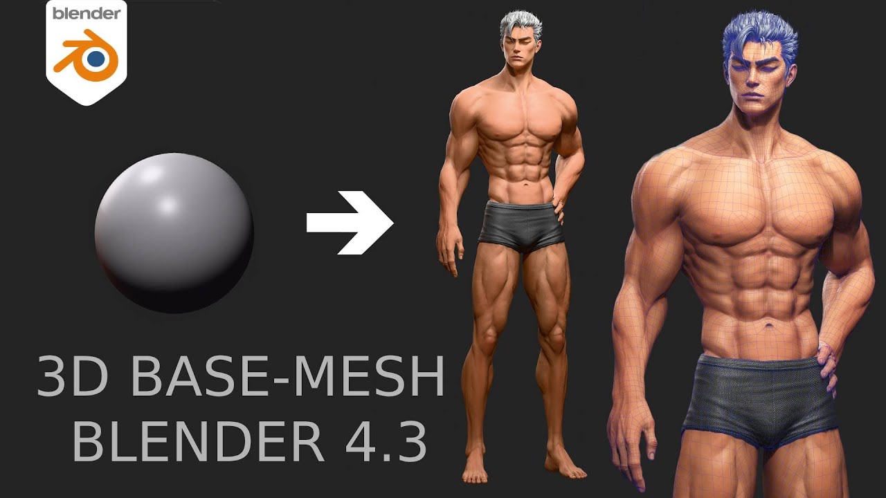 Blender 4.3 - Create a 3D Male Body Base-mesh - Sculpting - Retopology - Texturing - Rigging