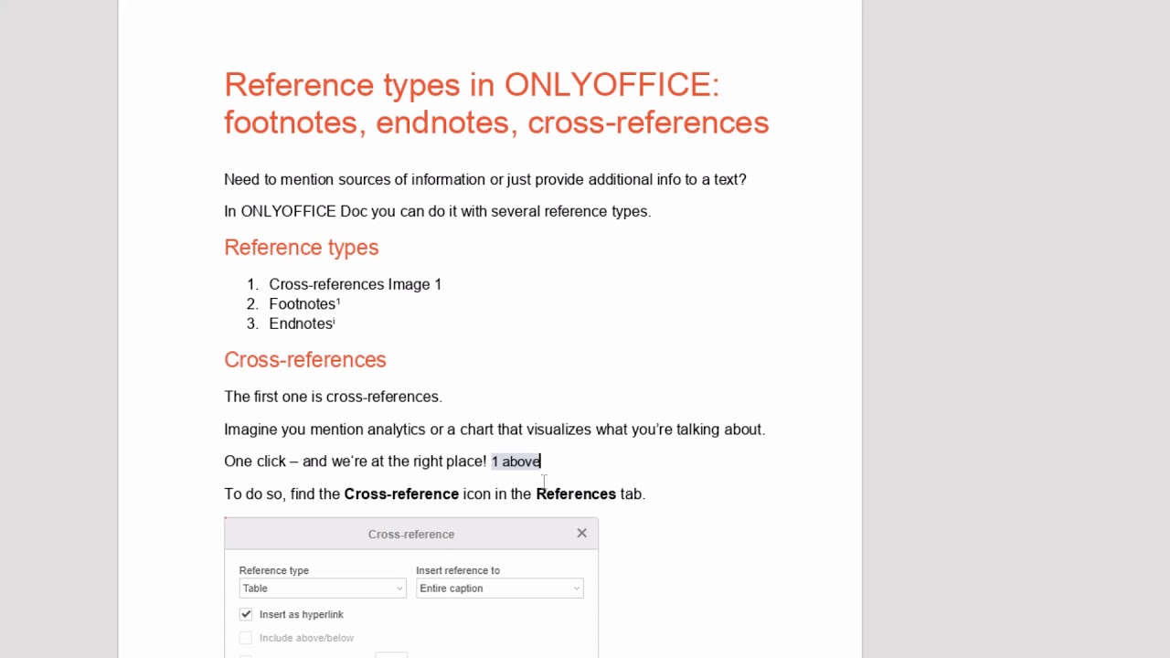 Reference types in ONLYOFFICE Docs: footnotes, endnotes, cross references