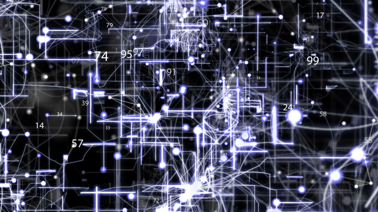 Fly through abstract 3D rendering of a scientific technology data binary code network conveying