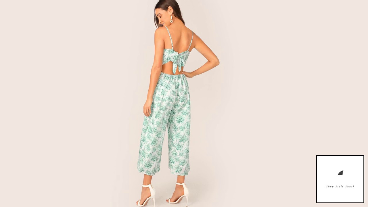 Coconut Tree Print Tied Back Wide Leg Jumpsuit