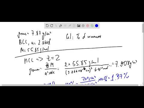 Iron has a measured density of 7.87 g/cm3. The lattice parameter of BCC iron is 2.866 Angstroms. Ca…