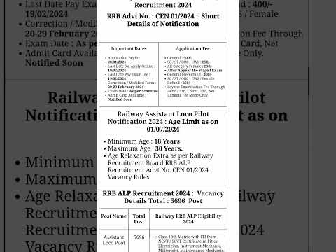 🚆 Railway Recruitment Board RRB Assistant Loco Pilot ALP CEN 01/2024 Apply Online for 5696 vacancy