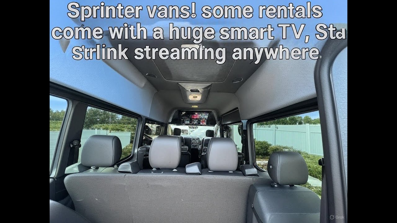Sprinter van with large TV & Starlink SMART TV setup for all passenger vans.
