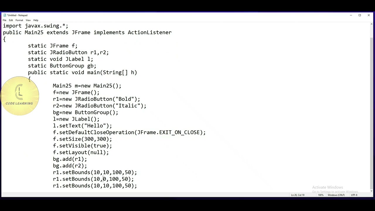Java | Swing class 'JRadioButton add ActionListener' | CodeLearning