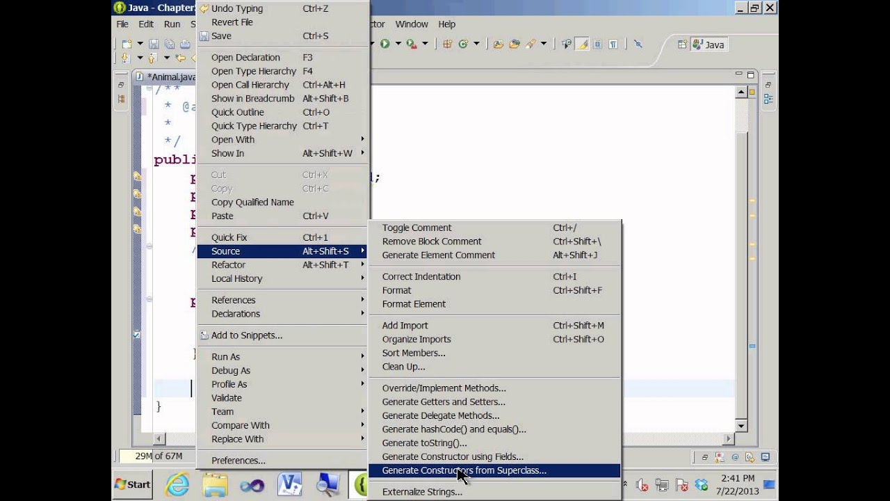 Java Eclipse Generate class methods and constructors