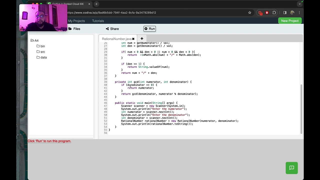 Assignment # 4 Java code I wrote to implement rational numbers