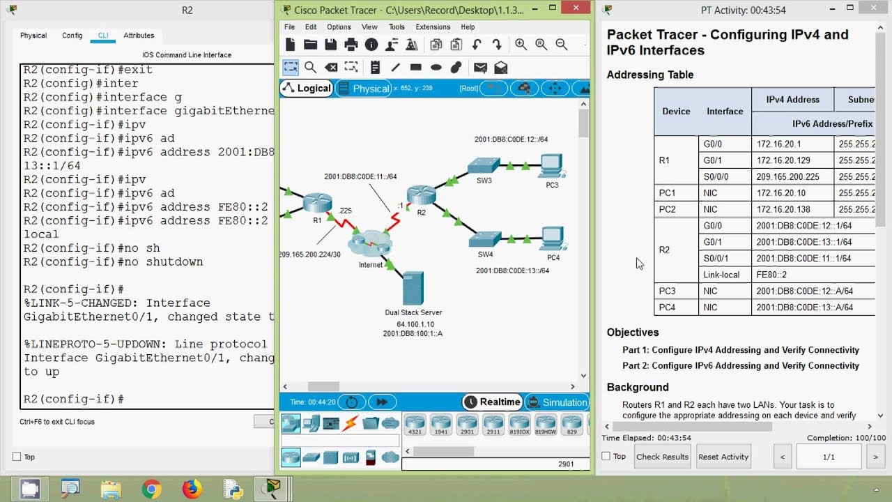 Packet Tracer - Configuring IPv4 and IPv6 Interfaces