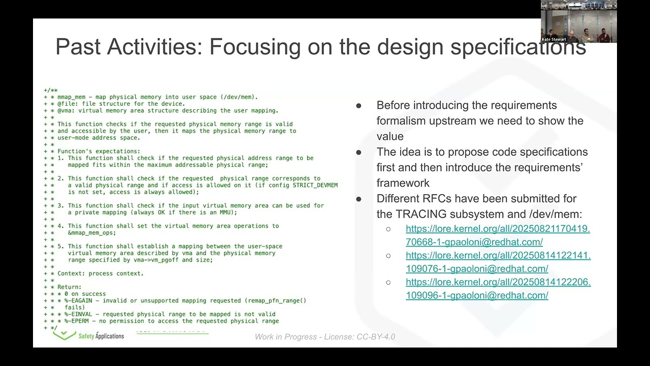 Introducing SW Requirements in the Linux kernel development process  status and next steps