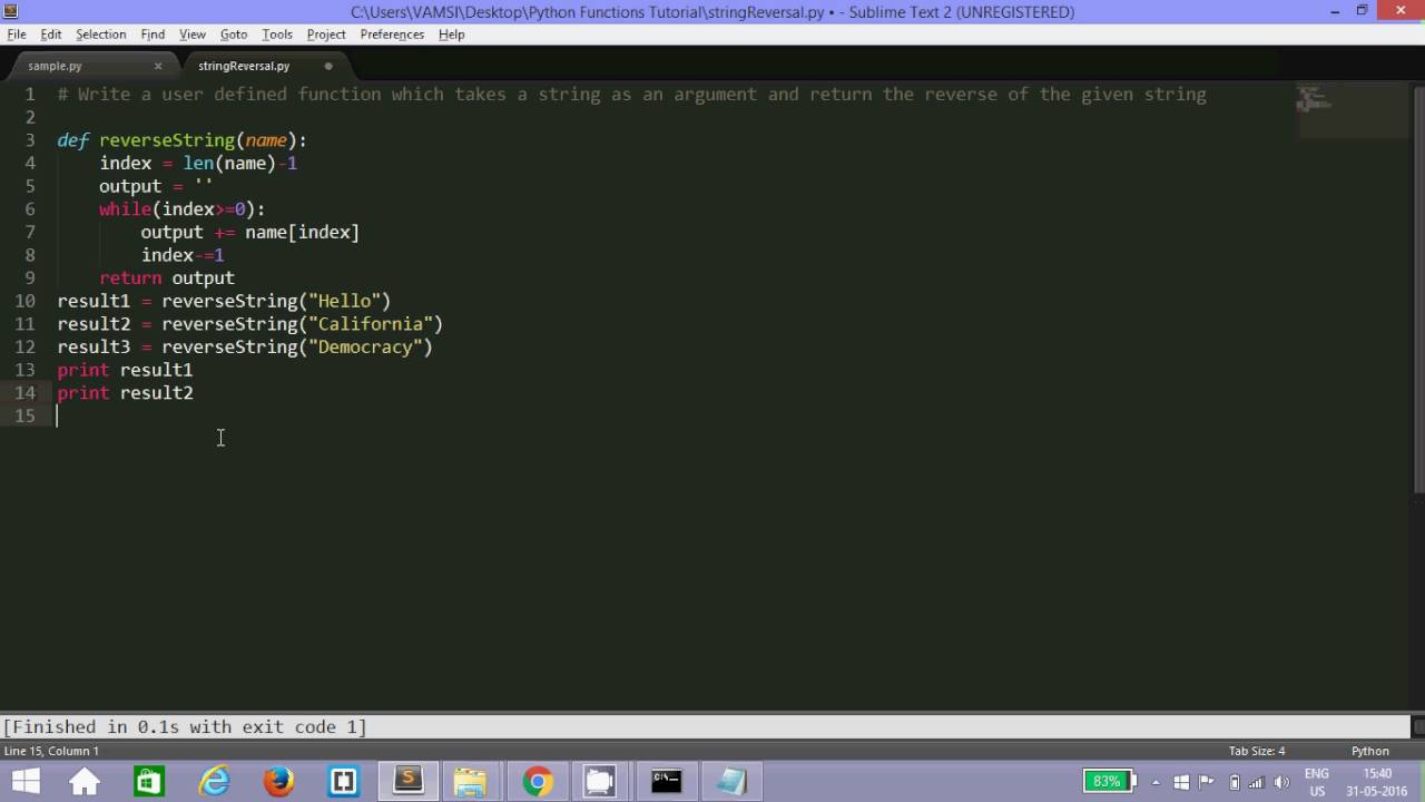 Step 2.3: Reversing a string using functions example (Python)