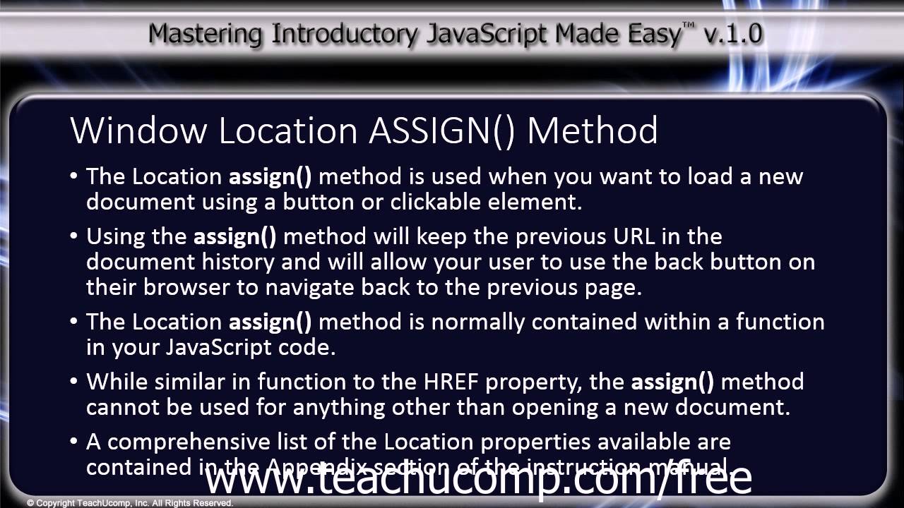 JavaScript Training Tutorial Window Location ASSIGN() Method