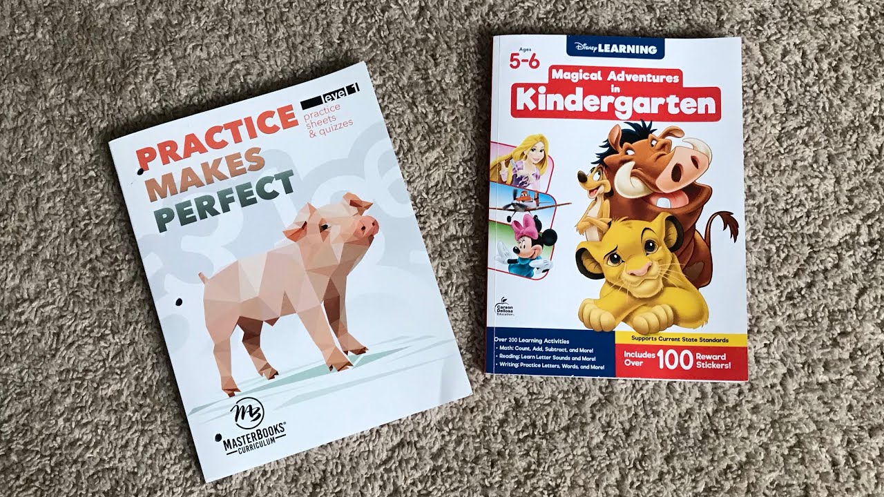Review Disney kindergarten workbook and Master book level 1 practice makes perfect workbook.
