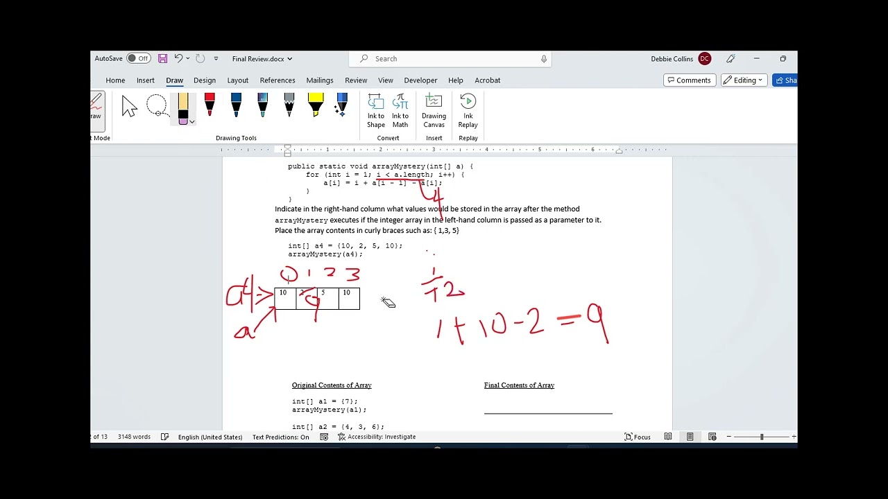 CS 121 Final Review - Step Through Array Algorithm
