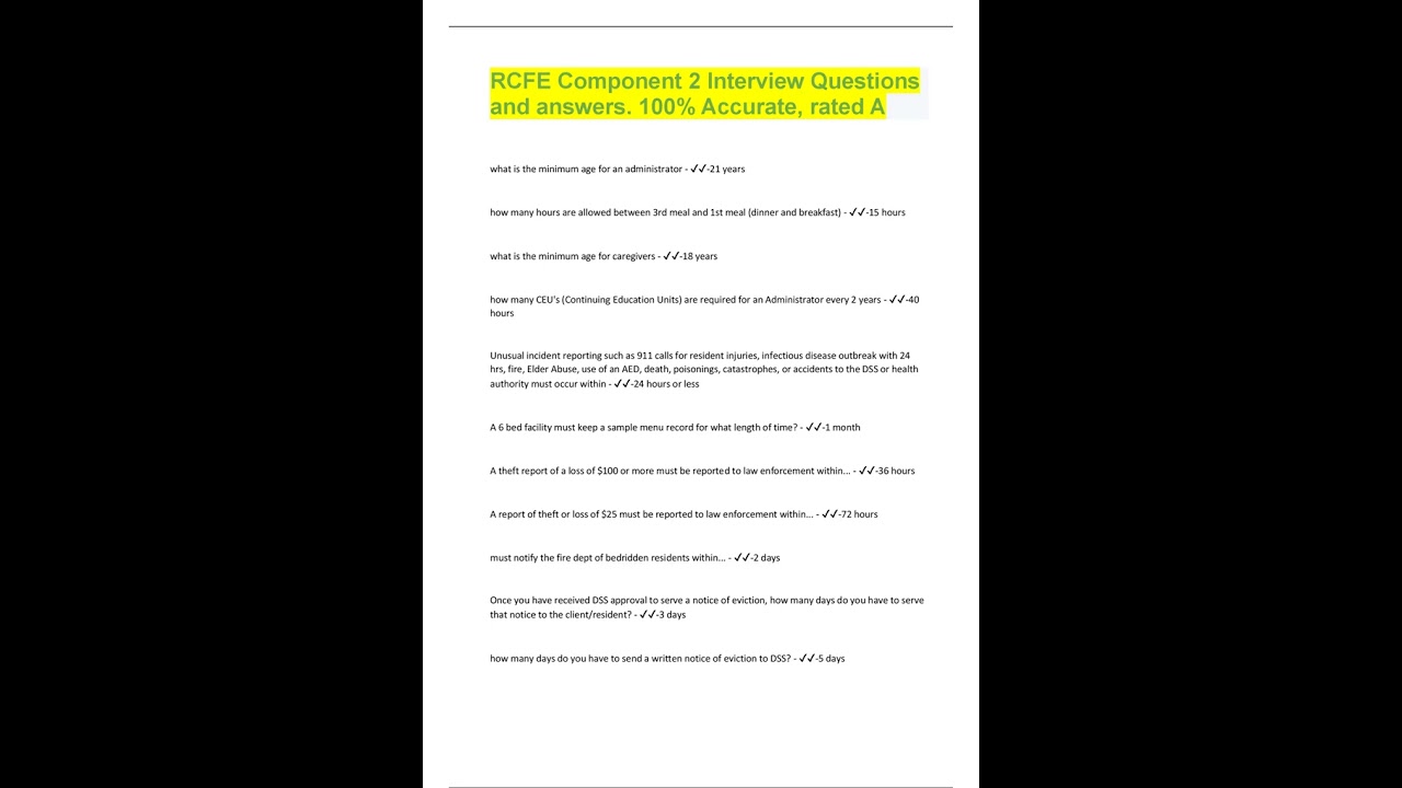 RCFE Component 2 Interview Questions and answers  100% Accurate, rated A