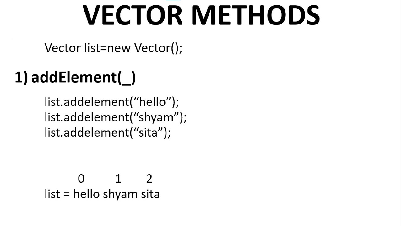 Vector Functions In Java | Vector Methods | addElement | insertElementAt | size | removeElement