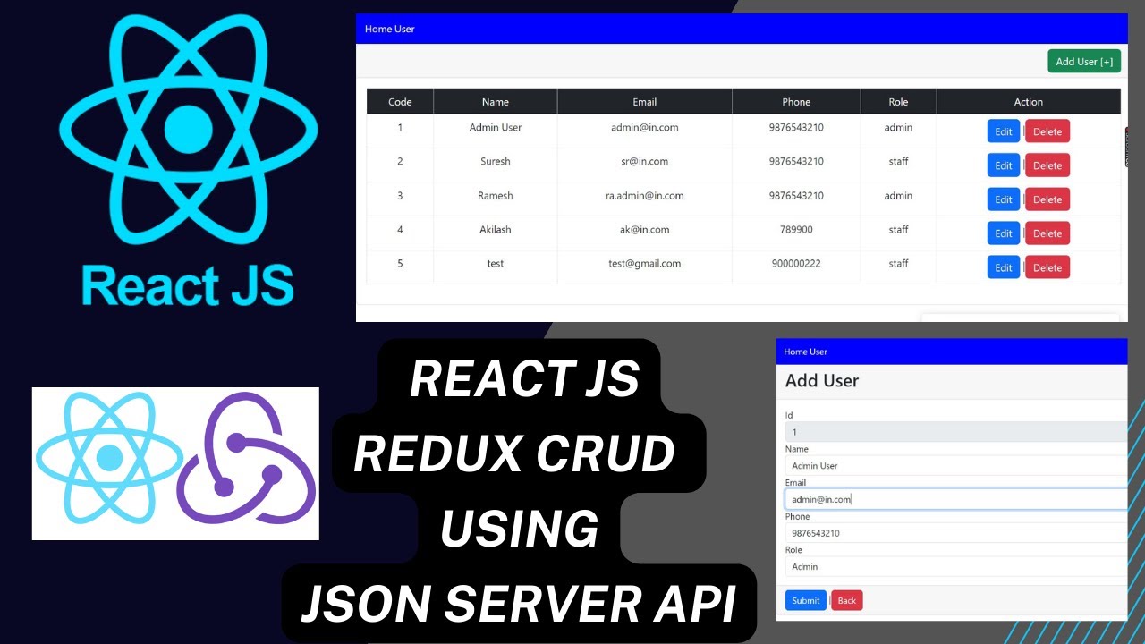 React JS  REDUX crud actions using JSON-SERVER API | React redux crud actions | React Redux tutorial
