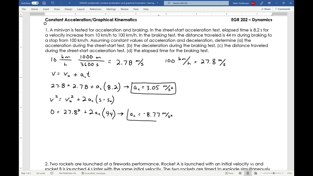 Dynamics - Constant Acceleration Example 1