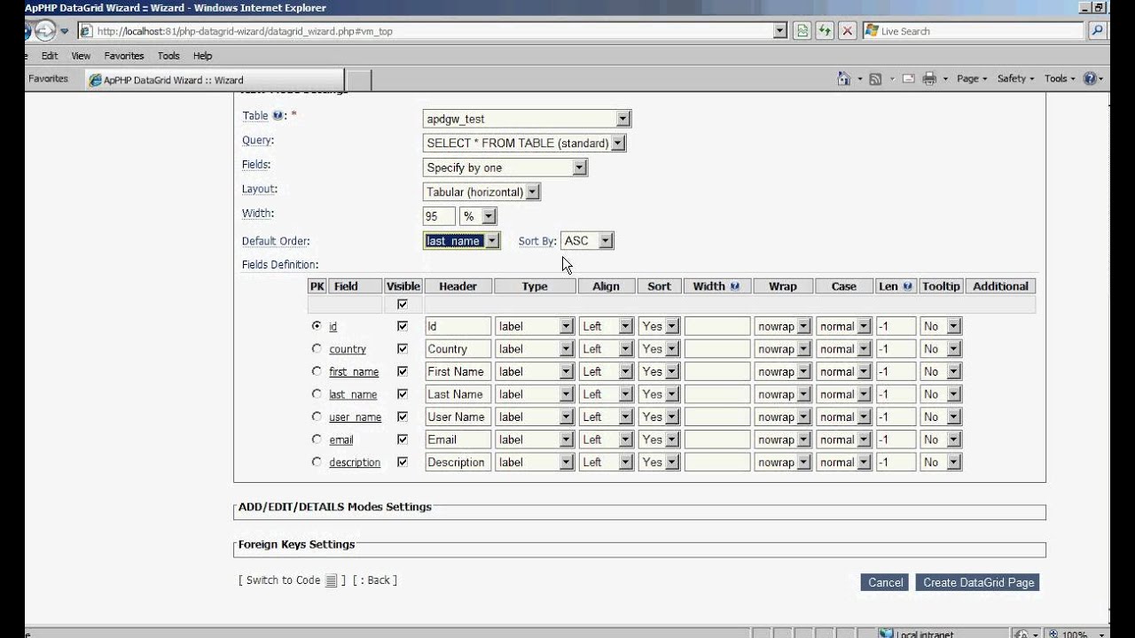 ApPHP DataGrid Wizard - General View