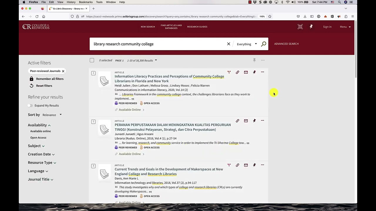 Find books and articles using OneSearch in the College of the Redwoods Library