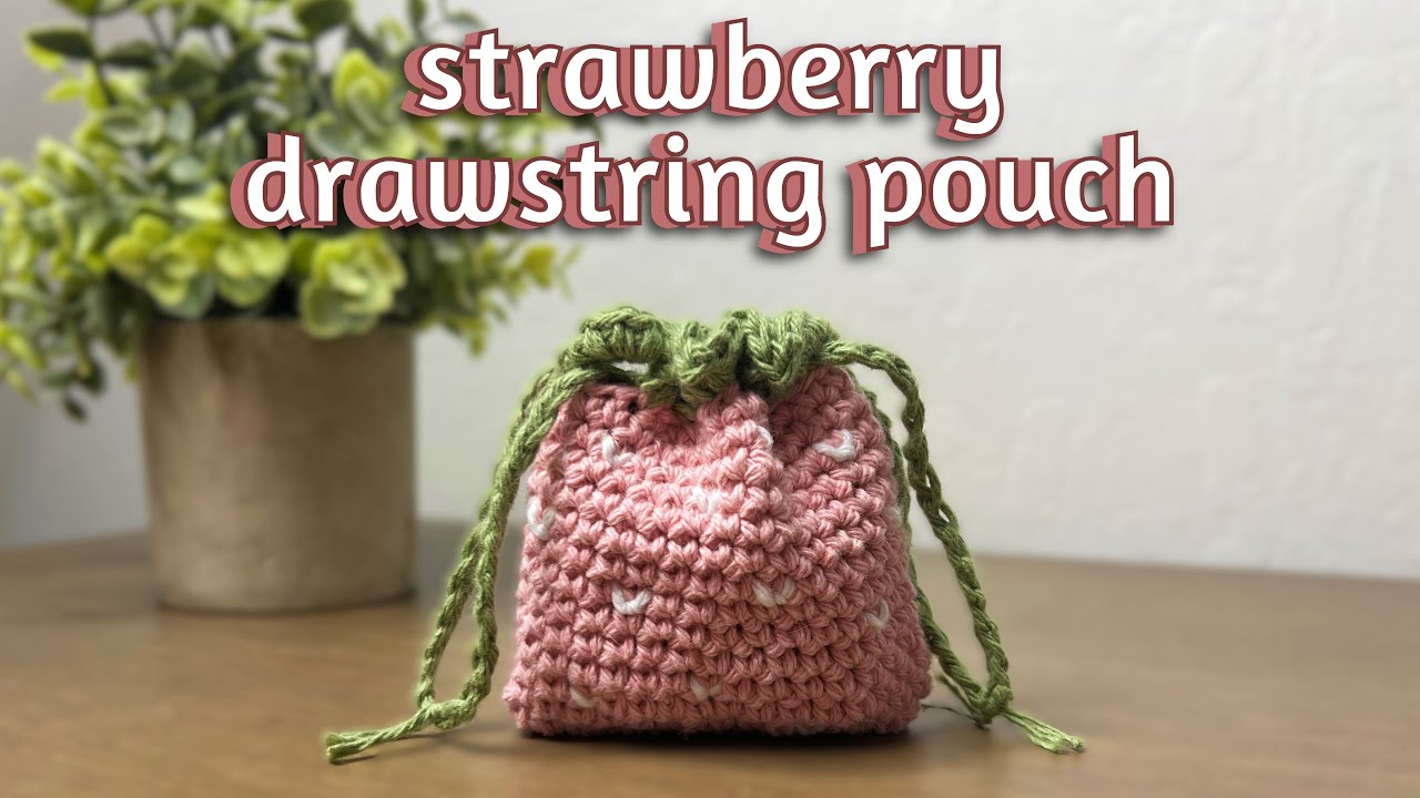 Crochet Mini Strawberry Drawstring Pouch Tutorial | Crochet Airpods Pouch