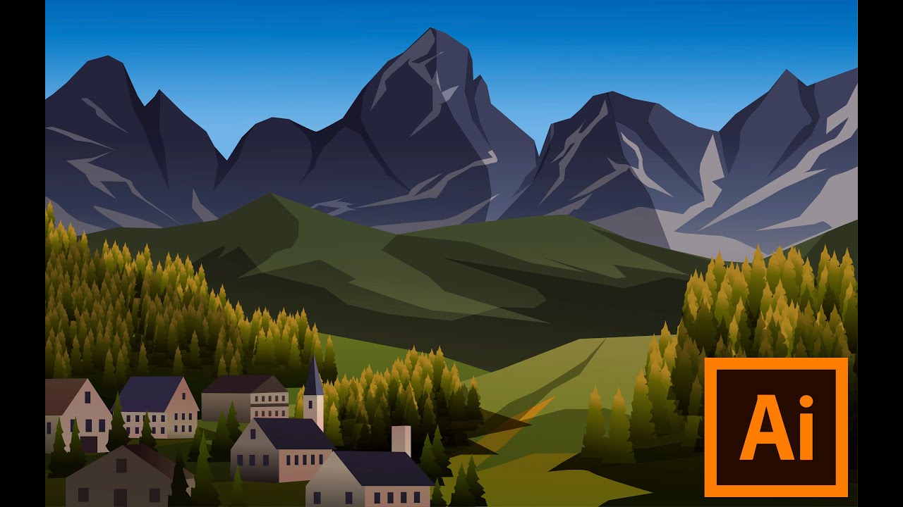 Vector nature landscape with mountain and countryside on Adobe Illustrator