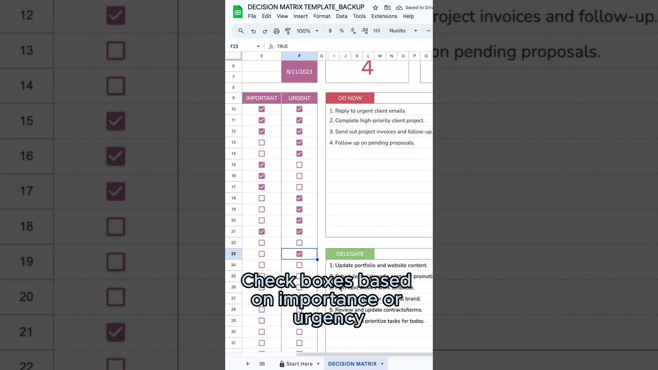 Decision Matrix, Priority Matrix, Eisenhower Matrix in google sheets