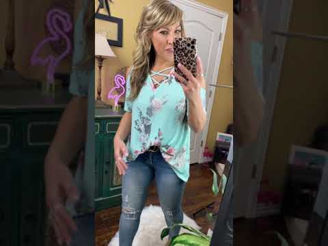 This Is For My Girls Cold Shoulder Top with Crisscross V Neckline, Mint & Coral