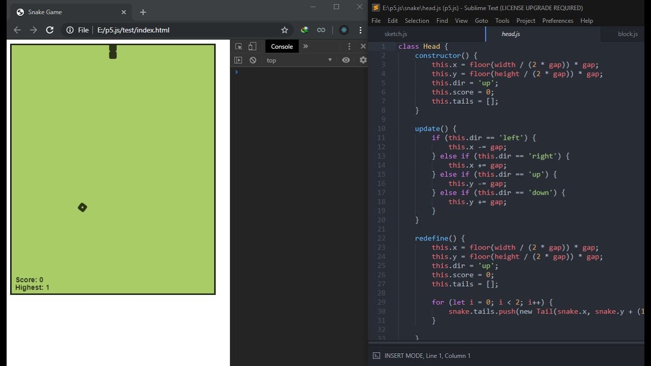 Coding snake game in javascript (with p5.js)