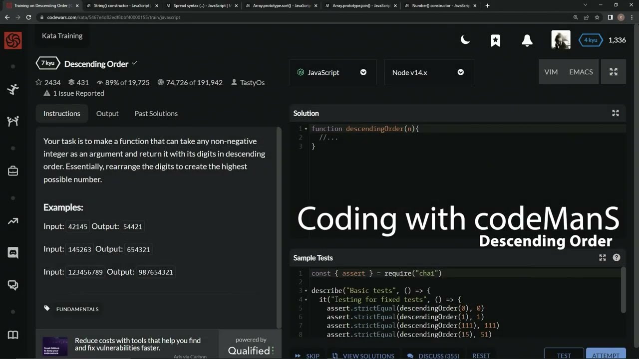 Codewars 7 kyu Descending Order Javascript