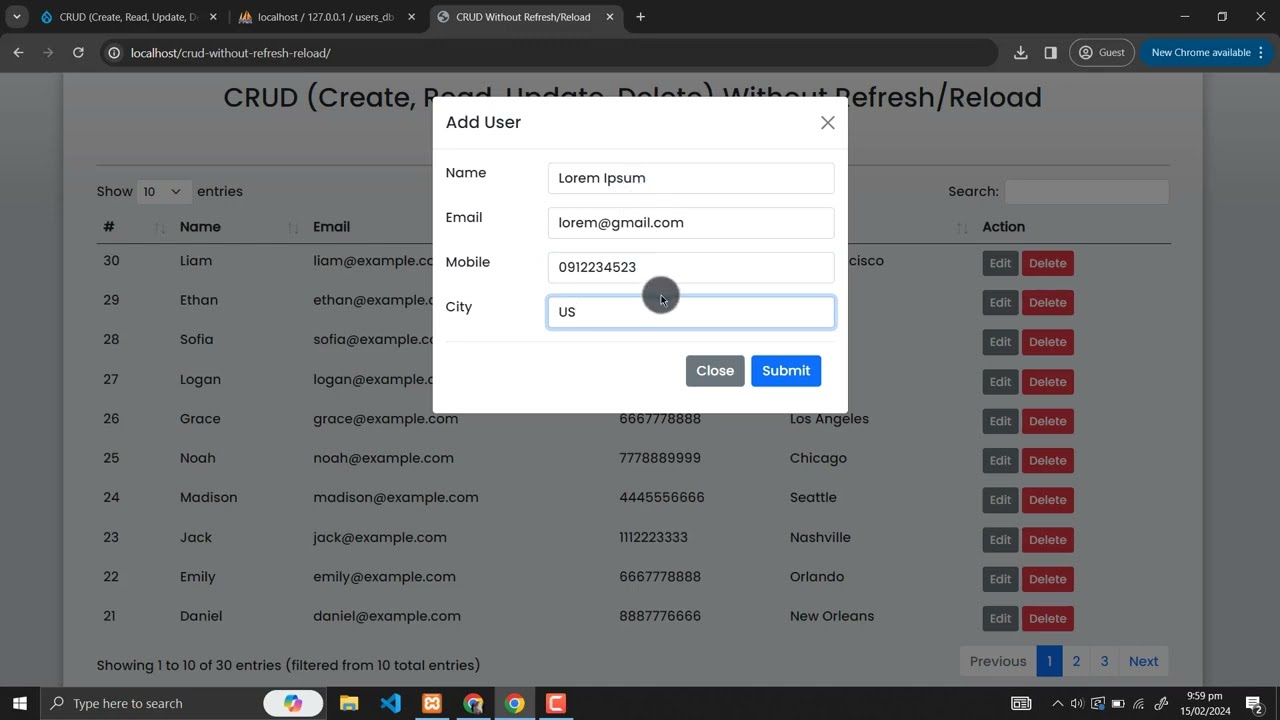 CRUD (Create, Read, Update, Delete) Without Page Reload/Refresh Using PHP and MySQL with Source Code
