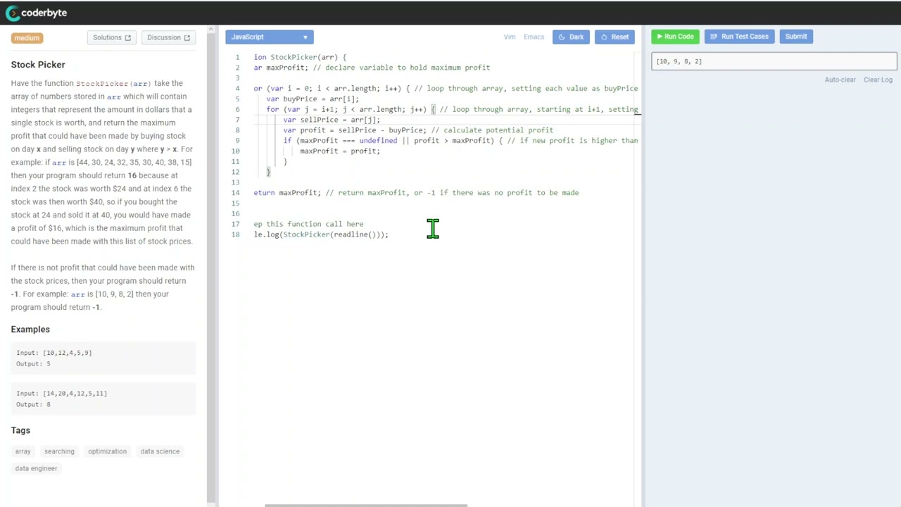 Stock Picker - Interview Coderbyte - Code challenge - JavaScript Solution Source Code Answers