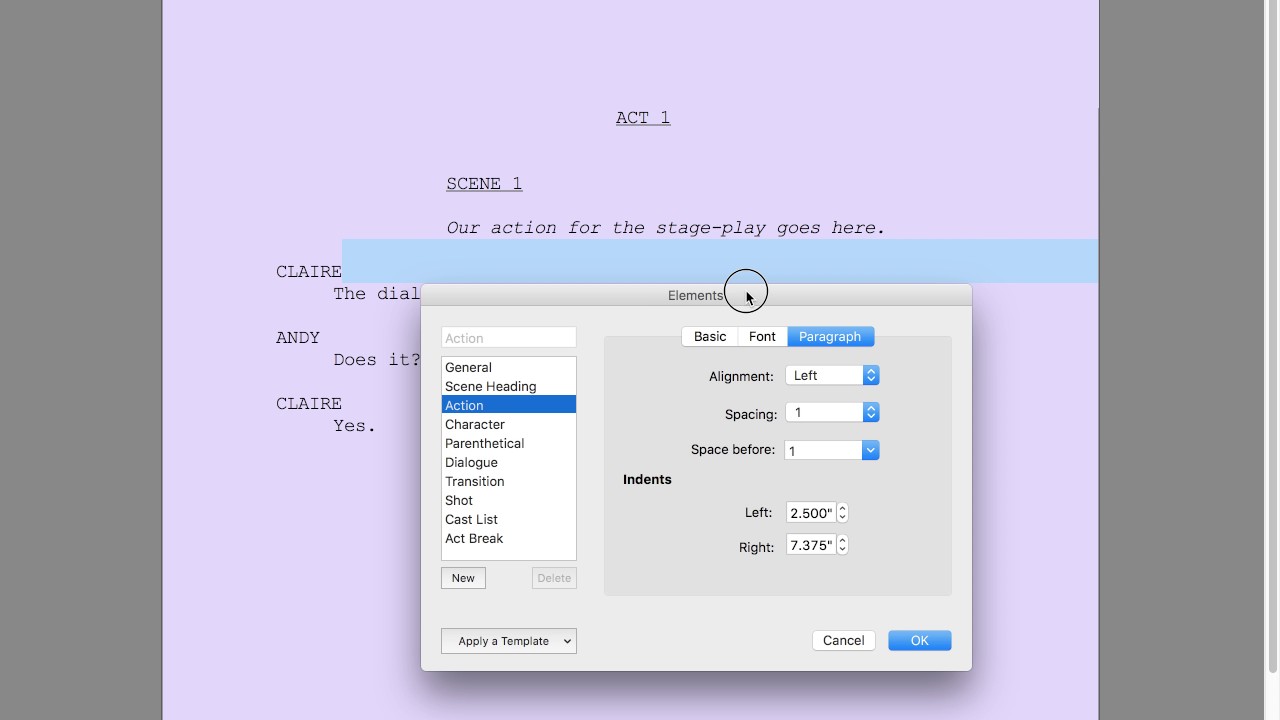 Creating a theatre template in Final Draft