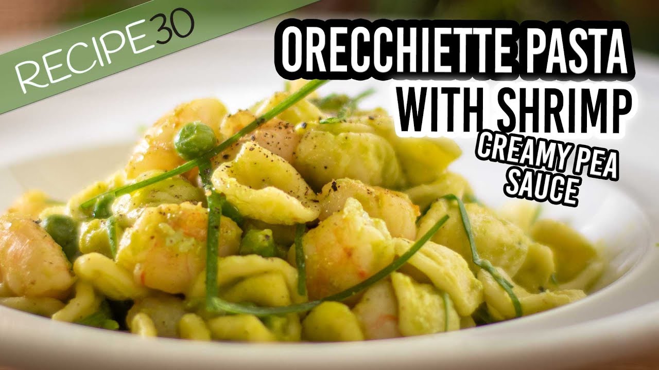 Orecchiette with shrimp and peas in a creamy sauce