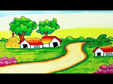 Easy landscape drawing for beginners|Learn house and nature simple painting|Nature scenery drawing