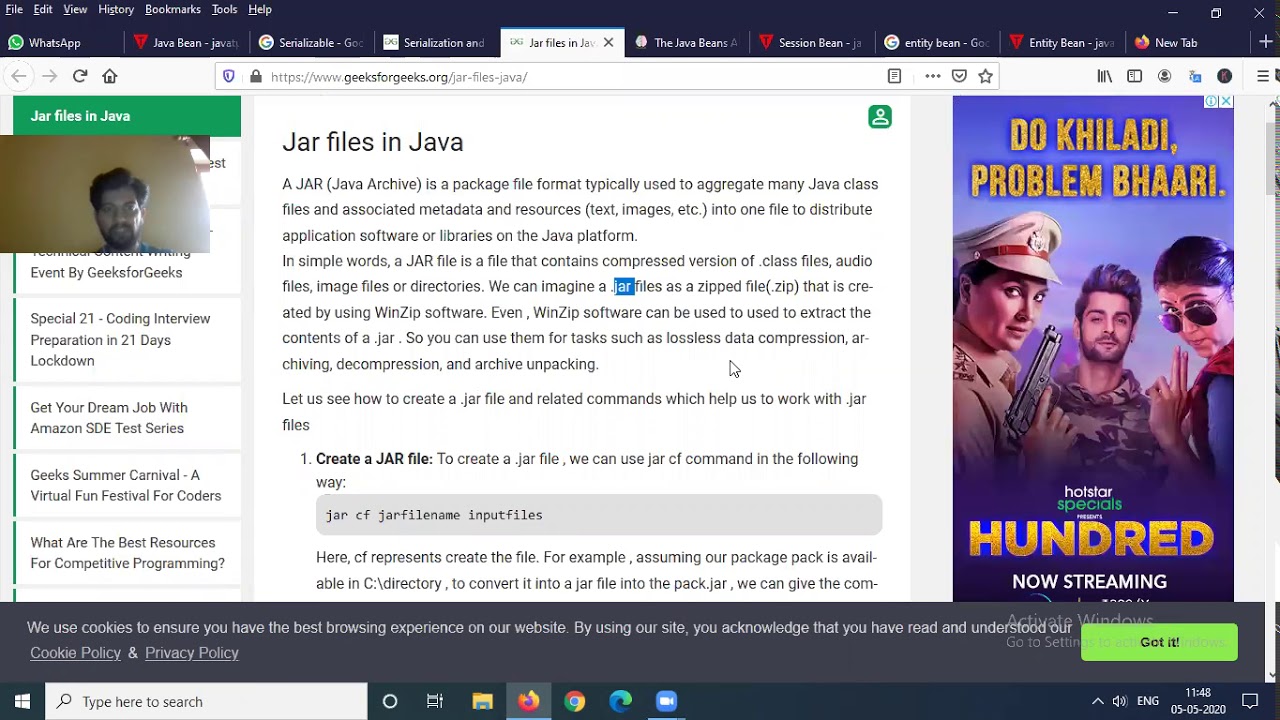 Java Bean, JAR files, Java Beans API, Session Bean, Entity Bean EJB