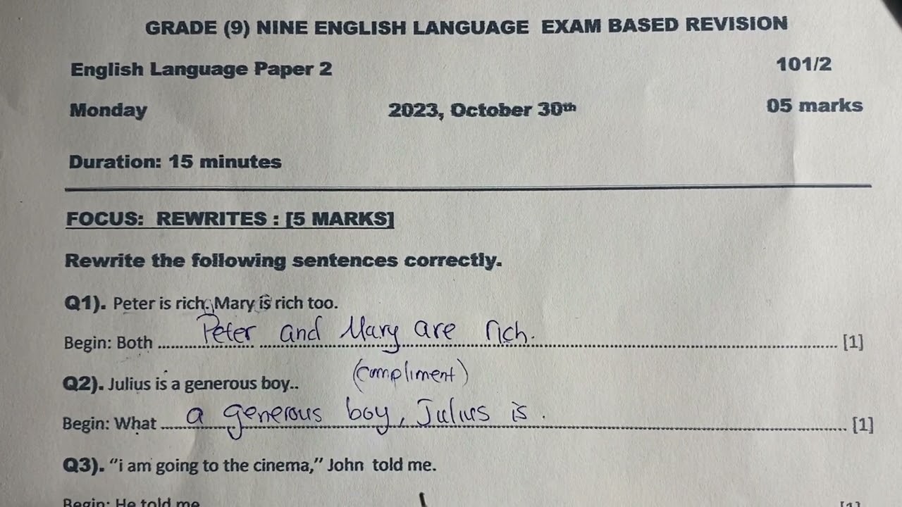 2023 Grade 9 English P2 Rewrites Questions and Answers