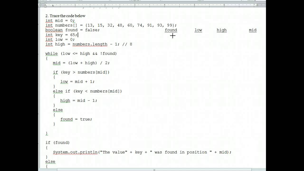 AP Java - Binary Searching Worksheet #1
