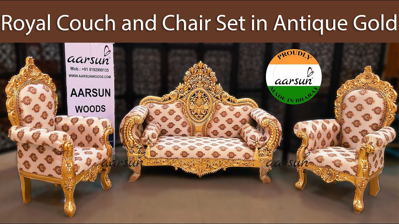 Royal Couch Set - Amazing Woodworking - Antique Gold Finish Floral Fabric - A Unit from Aarsun