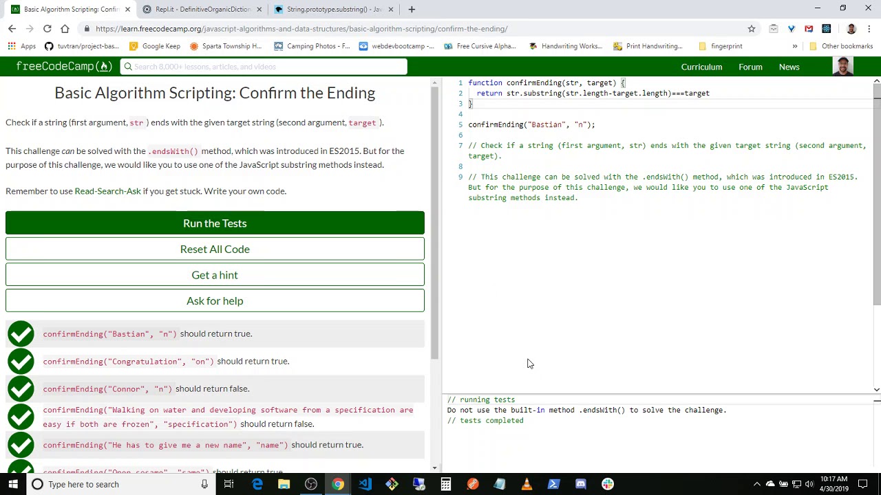 Basic Algorithm Scripting Confirm the Ending Solution - freeCodeCamp