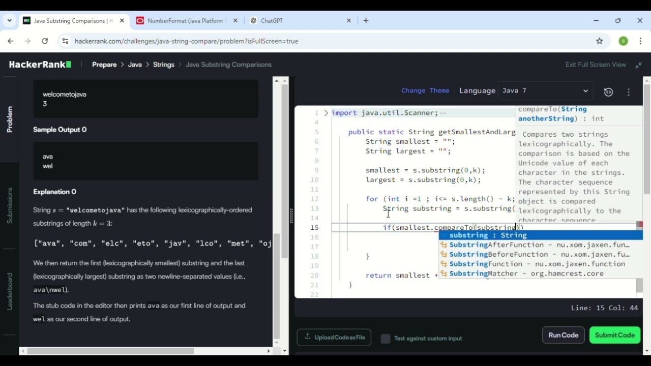 Hackerrank Java Substring Comparison Complete Solution