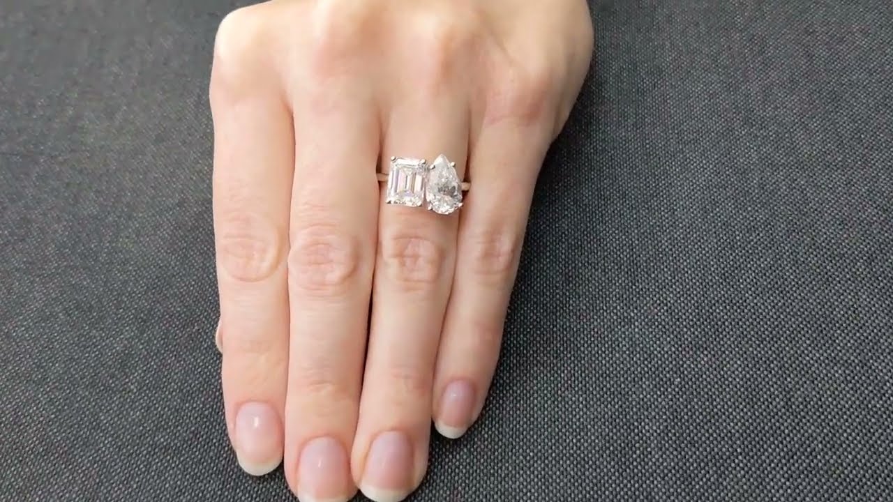 2.5 Carat Double Stone Engagement Ring Pear Cut and Emerald Cut Moissanite Two Stone Wedding Ring